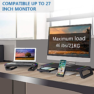 AWYLL Monitor Stand Riser, Foldable Monitor Stand with Drawer Storage, RGB Computer Desktop Organizer Stand 4USB 3.0 Hub for Up to 27 Inch Computer Screens, iMac, Laptop, Printer