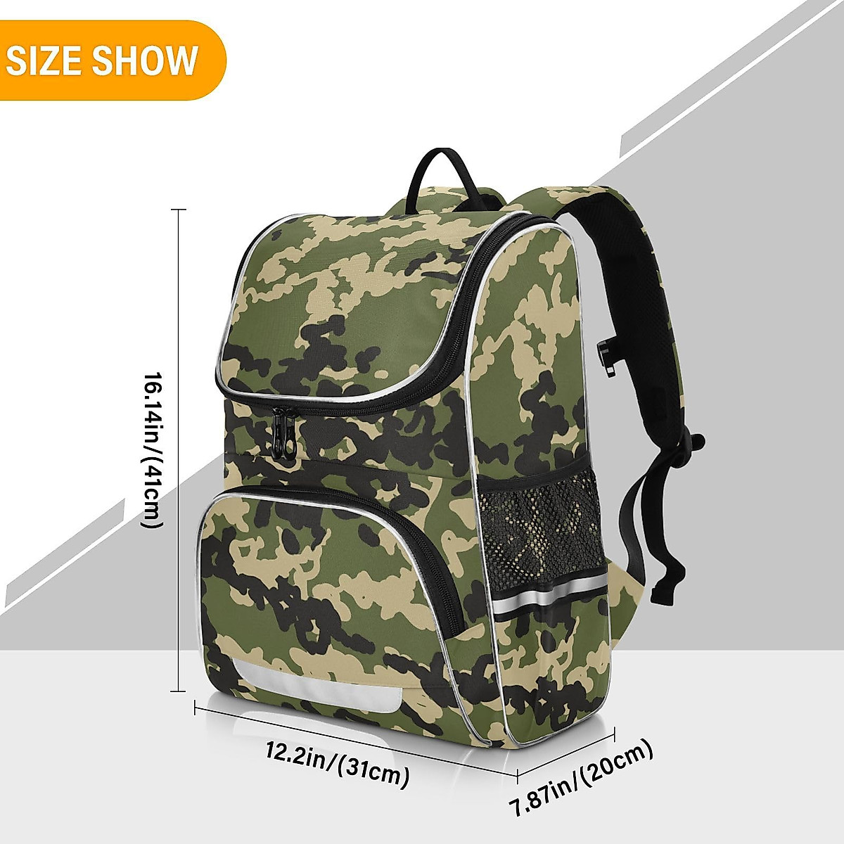 School Backpack with Chest Strap, Army Green Camouflage Laptop Backpack, Travel Hiking Backpack for Boys Girls, Rucksack, Knapsack