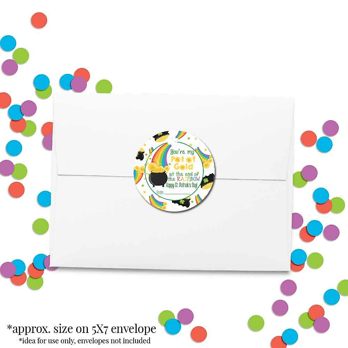 Pot of Gold Rainbow St. Patrick’s Day Gift Tag Sticker Labels, 40 2" Party Circle Stickers by AmandaCreation, Great for Party Favors, Envelope Seals & Goodie Bags