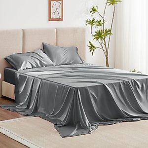 Love's cabin Full Size Satin Sheet Sets - 4 Piece Dark Grey Silky Satin Sheet Set full with Deep Pocket, Luxury Silk Feel Satin Bed Sheets Full Bedding Set (1 Flat Sheet,1 Fitted Sheet,2 Pillow cases)