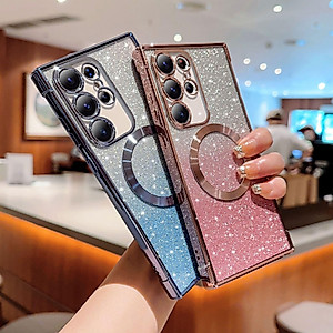 aowner for Samsung Galaxy S21 Ultra Magnetic Case Compatible with MagSafe, Full Protection Glitter Clear Phone Case for Women Girls Cute Soft Shockproof Bumper Protective Cover Case 6.8"-Purple