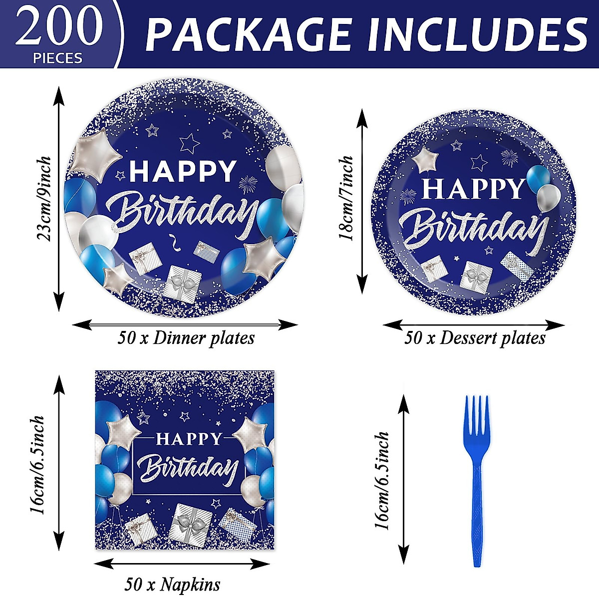 50 Guests Blue Birthday Plates Napkins Happy Birthday Plates Navy Blue and Silver Happy Birthday Plates for Men Women Disposable Paper Plates Napkins Forks Party Decorations Tableware Set 200 PCS