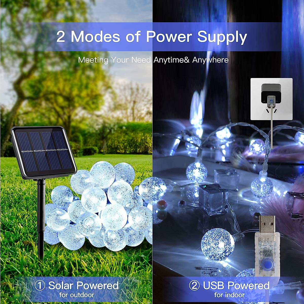 White String Lights Solar/USB Powered, 60LEDs 26Ft Crystal Globe Fairy Lights with Multi-Modes & Waterproof Function for Outdoor Garden & Indoor Room Decor