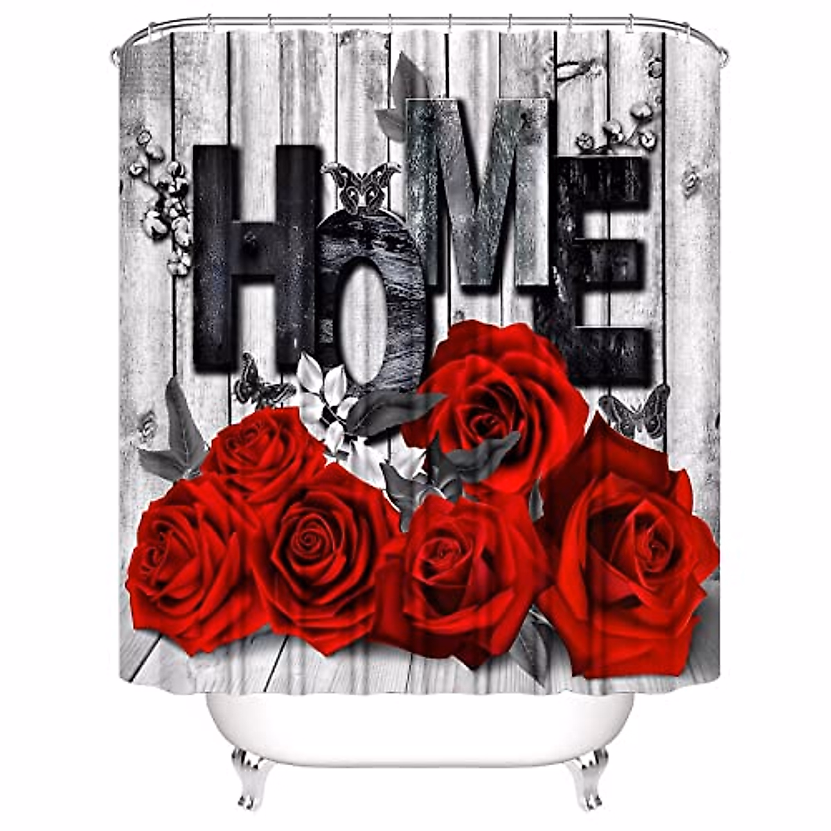 Yddsky Red Rose 4 Pcs Shower Curtain Sets Non-Slip Rugs Bath Mat Toilet Cover U Shaped Mat Black Red Shower Curtain with 12 Hooks Red Rose Valentine's Day Bathroom Set