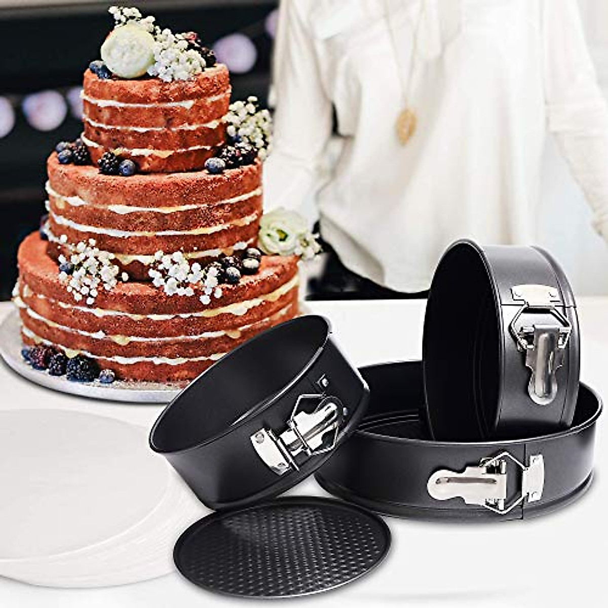 Springform Pan Set, Nonstick 3pcs (7 9 11 Inch) Springform Pans Cheesecake Pan Removable Bottom, Leakproof Round Spring Form Pans Cake Pans Sets for Baking and 60 Pcs Parchment Paper liners