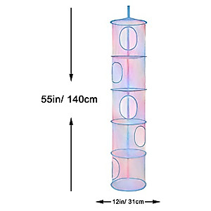 2Pcs Hanging Mesh Space Saver Bags Organizer, Foldable Stuffed Animal Storage Organizer 5 Compartments Toy Storage Organizer for Kid Room Toys, Gloves,Hats,Socks Storage Rainbow