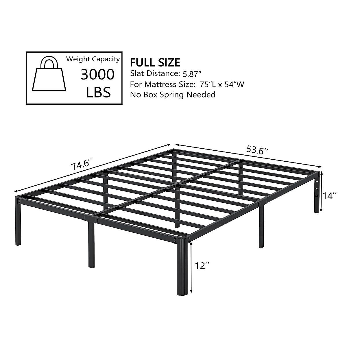 Riwanca 14 Inch Full Size Bed Frame No Box Spring Needed, Heavy Duty Black Metal Platform Mattress Foundation with Rounded Corners, Non-Slip Noise Free Easy Assembly