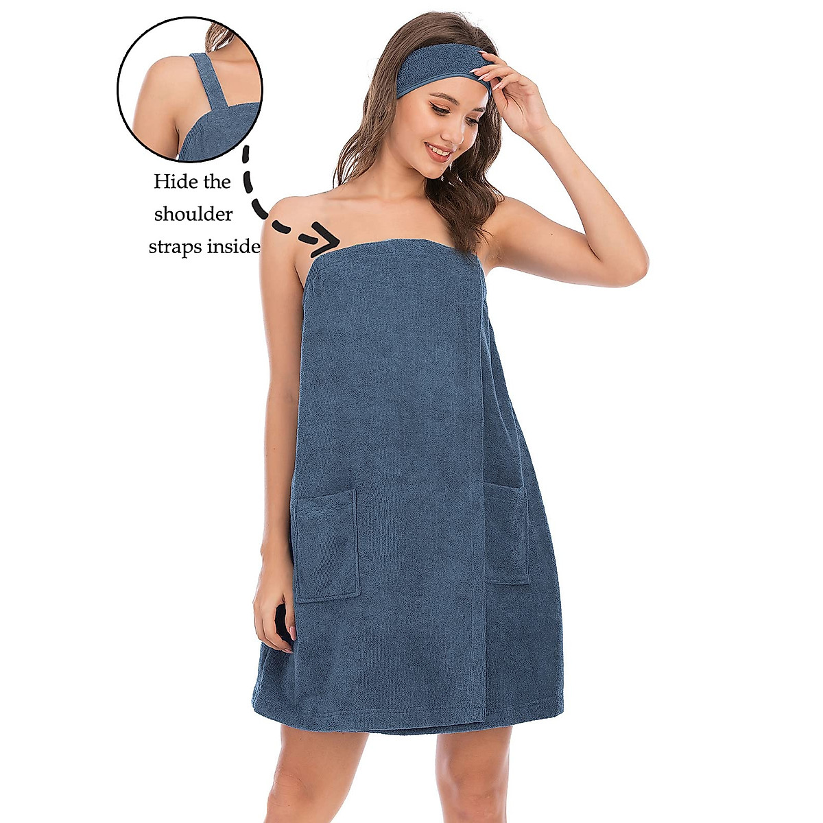 Women’s Terry Cloth Bath Towel Wrap with Adjustable Closure Elastic Robe & Facial Strap (M,Grey Blue)