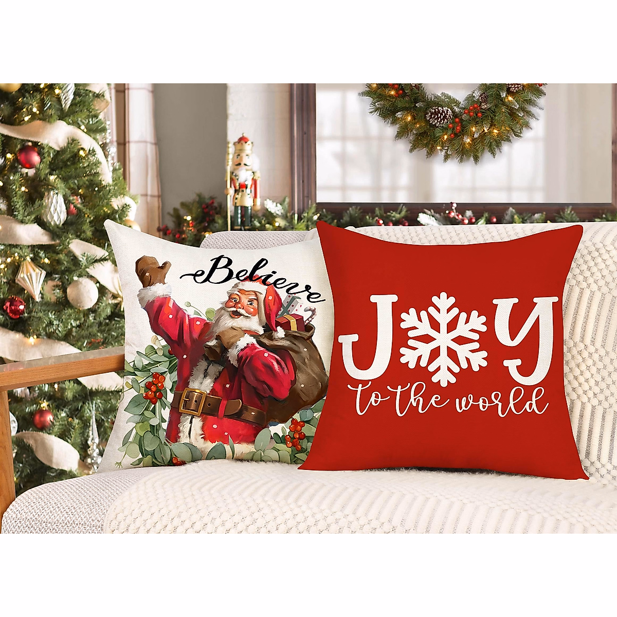 4TH Emotion Christmas Pillow Covers 18x18 Set of 4 Farmhouse Christmas Decorations Merry Christmas Tree Santa Claus Winter Holiday Decor Throw Cushion Case for Home Couch S23C08