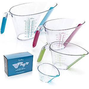 4-Piece Angled Liquid Measuring Cups Plastic Set - Mini Oz, 1, 2 and 4 Plastic Measuring Cup Sizes - Plastic Measuring Cups For Liquids with ML & Cups Measures - KPKitchen Small & Large Measure Cup