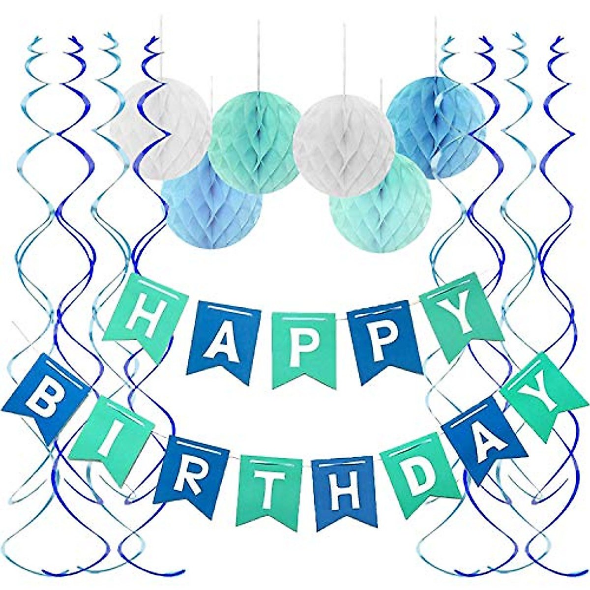 Fecedy Blue Happy Birthday Banner Honeycomb balls Swirls Streamers for Birthday Party Decorations
