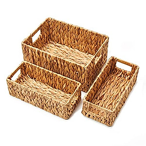 EZOWare Natural Water Hyacinth Baskets, Set of 3 Woven Wicker Rectangular Storage Organizer Bin Boxes with Handles for Closet Toys Clothes Kids Room Nursery - 2 Sizes
