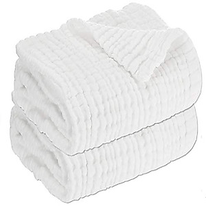 Aablexema Baby Muslin Bath Towels - Set of 2 Large Size 43X43 Inches Swaddle Blanket for Newborn Toddlers Boys Girls - Suitable for Baby's Delicate Skin(White)
