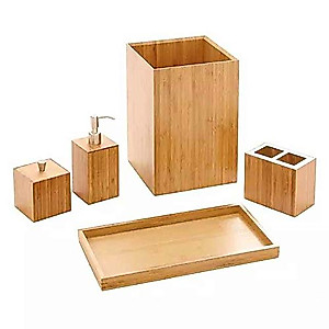 Elegant 5 Piece Bamboo Bathroom Accessories Set Deluxe Vanity Accessory Set with Wastebasket Updated Premium Bamboo Bath Set