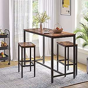 HOOBRO Bar Table and Chairs Set, 47.2” Rectangular Pub Bar Table and 2 Bar Stools, 3-Piece Breakfast Table Set for Kitchen Living Room, Dining Room, Sturdy Metal Frame, Rustic Brown BF52BT01