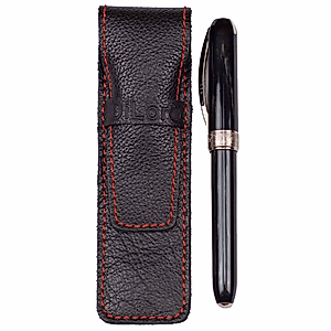 DiLoro Full Grain Leather Single Pen Case Holder Pouch Pencil Organizer (Buffalo Black w Red)
