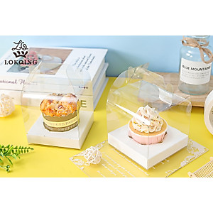 LOKQING 30 PCS Individual Cupcake Containers Single Cupcake Boxes with Handle and Inserts Clear Plastic Favor Boxes