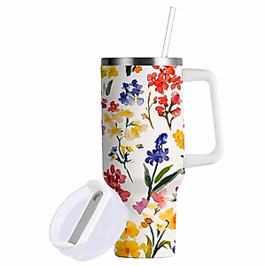 Vacuum Coldee Tumbler 40 oz with Lid and Straw Spring Cute Colorful Florals White Metal Water Bottle Wide Mouth To Go Coffee Mug for Women Men Him Her