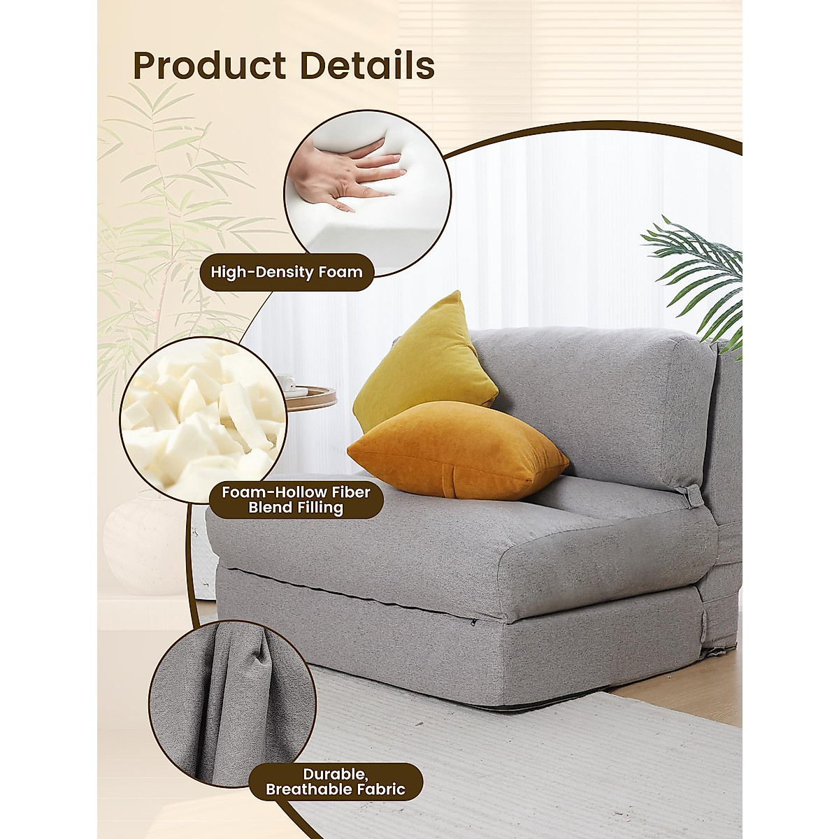 ZonLi Futon Sofa Bed,Convertible Folding Mattress Sleeper Chair Twin Size,Memory Foam Futon Sofa Couch with Washable Cover,for Living Room,Dorm,Guest Room,Home Office,Loft, Apartment (Gray)