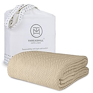 Threadmill Luxury Cotton Blankets for King Size Bed | All-Season Cozy 100% Cotton King Size Blanket | Herringbone Soft & Lightweight Fall Thermal Blanket fits California King Size Bed, 104x92 | Beige