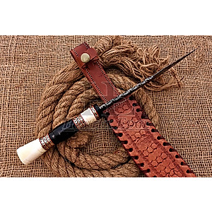 HUNTEX Unique Custom Handmade Hand-Forged Ladder Pattern Damascus Steel 12 Inch Long Full Tang Buffalo Horn Handle Razor Sharp Hunting Camping Spay Point Slicer Knife with Genuine Leather Sheath