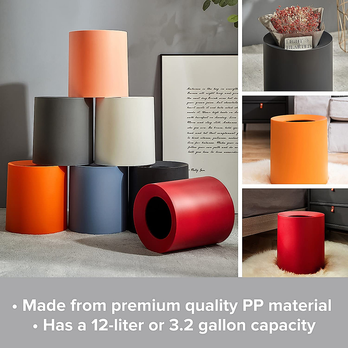 Modern Round Waste Basket - 3.2Gal/12.1L Open Top Trash Bin - Orange Garbage Can with Removable Plastic Bin Liner - Touchless Bathroom Garbage Can or Trash Can for Kitchen - Minimalist Office Trash Can