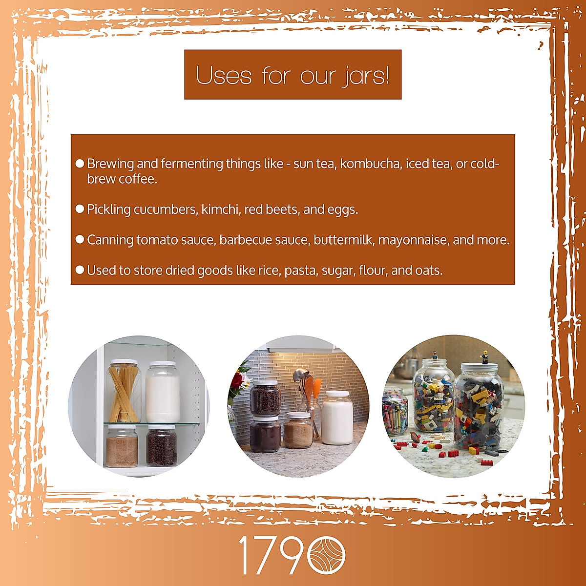 Large Glass Jars with Lid - Wide Mouth 1 Gallon Glass Jar with Lid - Glass Gallon Jar for Kombucha & Sun Tea - Gallon Mason Jars are Large Glass Jars with Lids 1 Gallon for Food Storage - 2 Pack