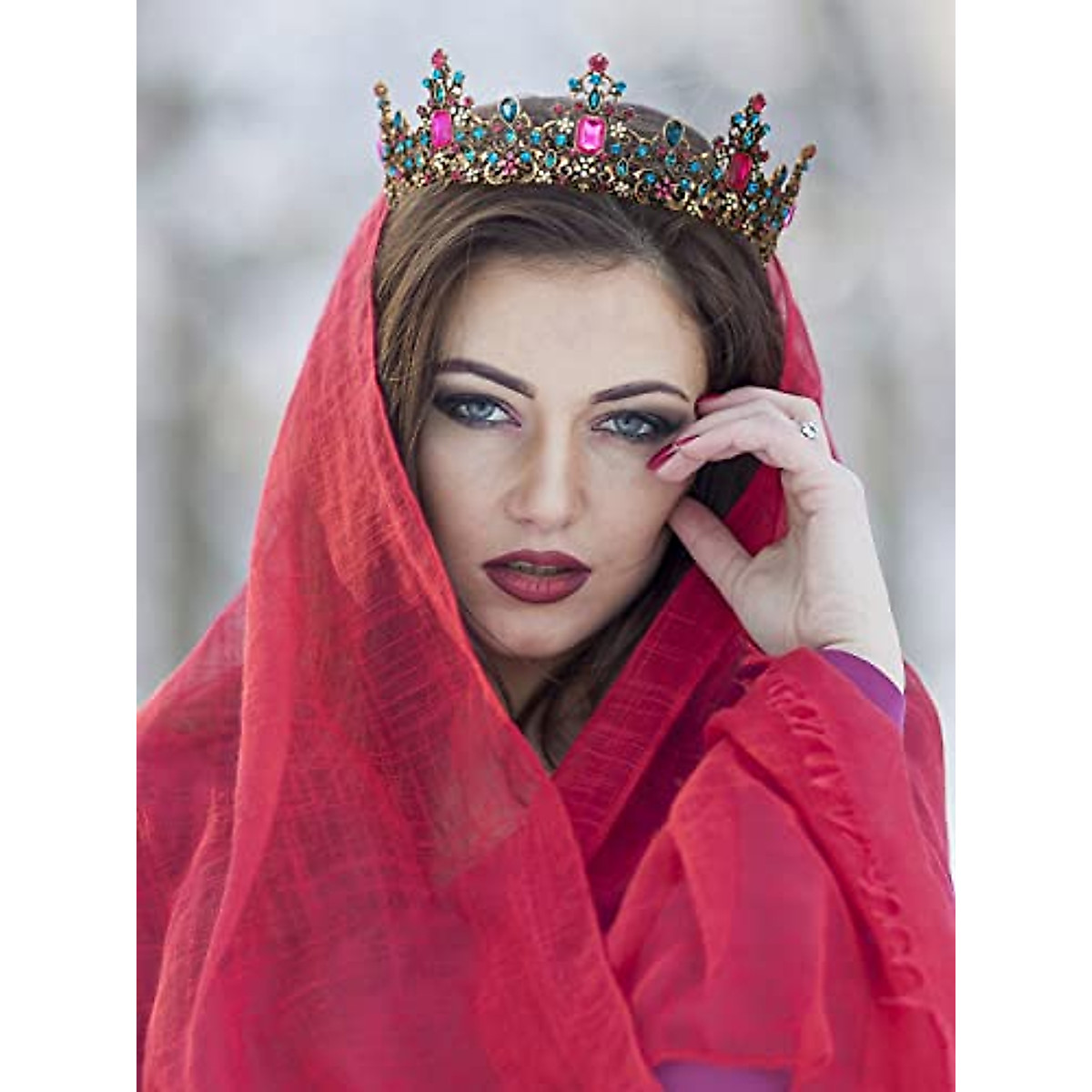 SWEETV Queen Crown for Women - Baroque Wedding Tiaras and Crowns, Jeweled Costume Tiara Princess Crown, Prom Birthday Party Halloween Hair Accessories, Old Gold + Hot Pink