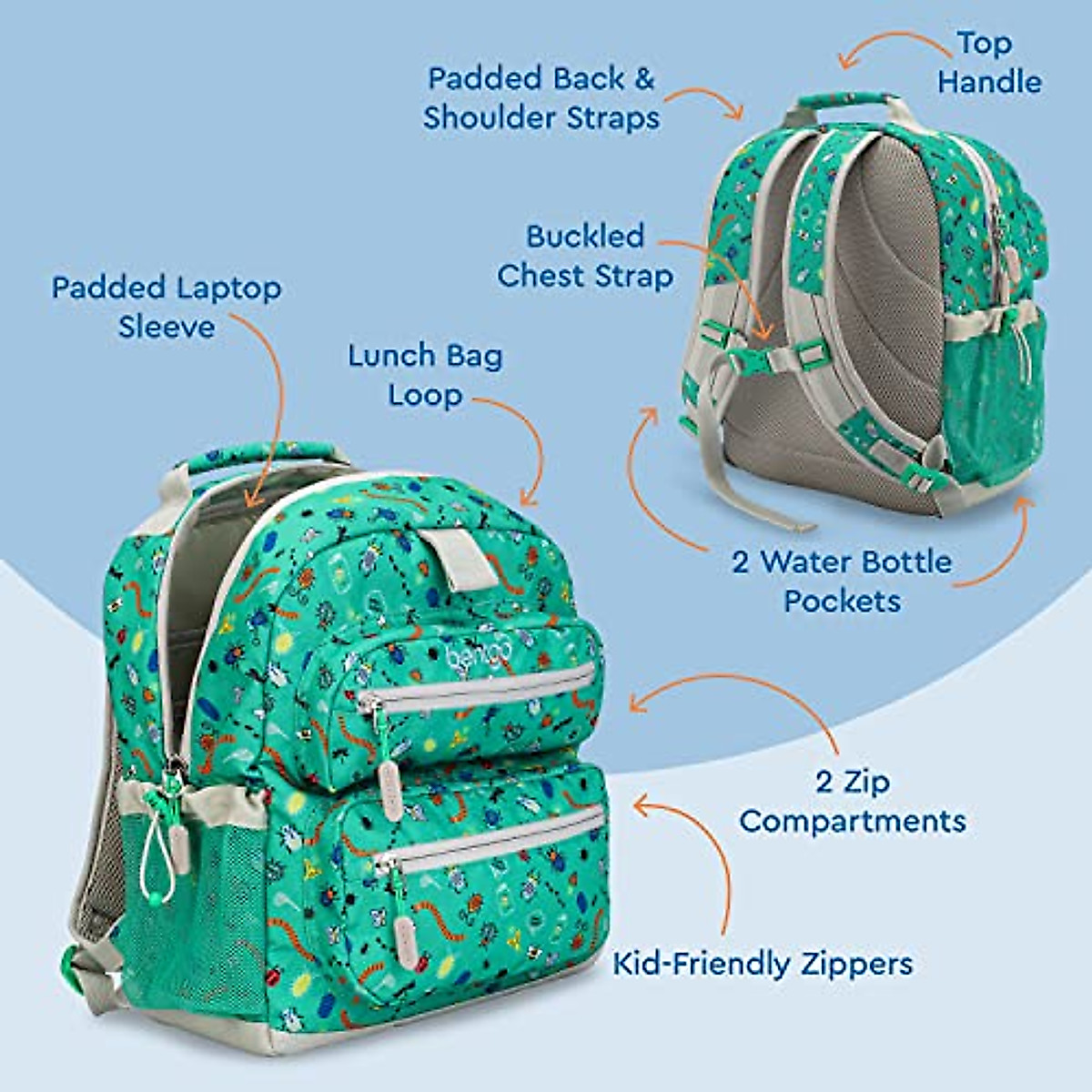 Bentgo® Kids Backpack - Lightweight 14” Backpack in Unique Prints for School, Travel, & Daycare - Roomy Interior, Durable & Water-Resistant Fabric, & Loop for Lunch Bag (Bug Buddies)