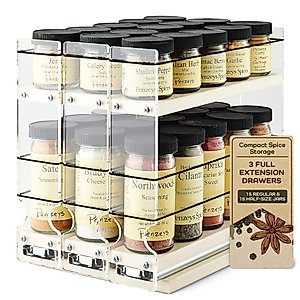 Vertical Spice Cabinet Mounted Spice Rack Drawer - Pull Out Cabinet Organizer - Cupboard Organizers & Storage - Pantry Shelf -45 Half Sized Jars, 3 Drawers, 2 Tiers (6.9" W x 9.25" H x 10.6" D, Cream)