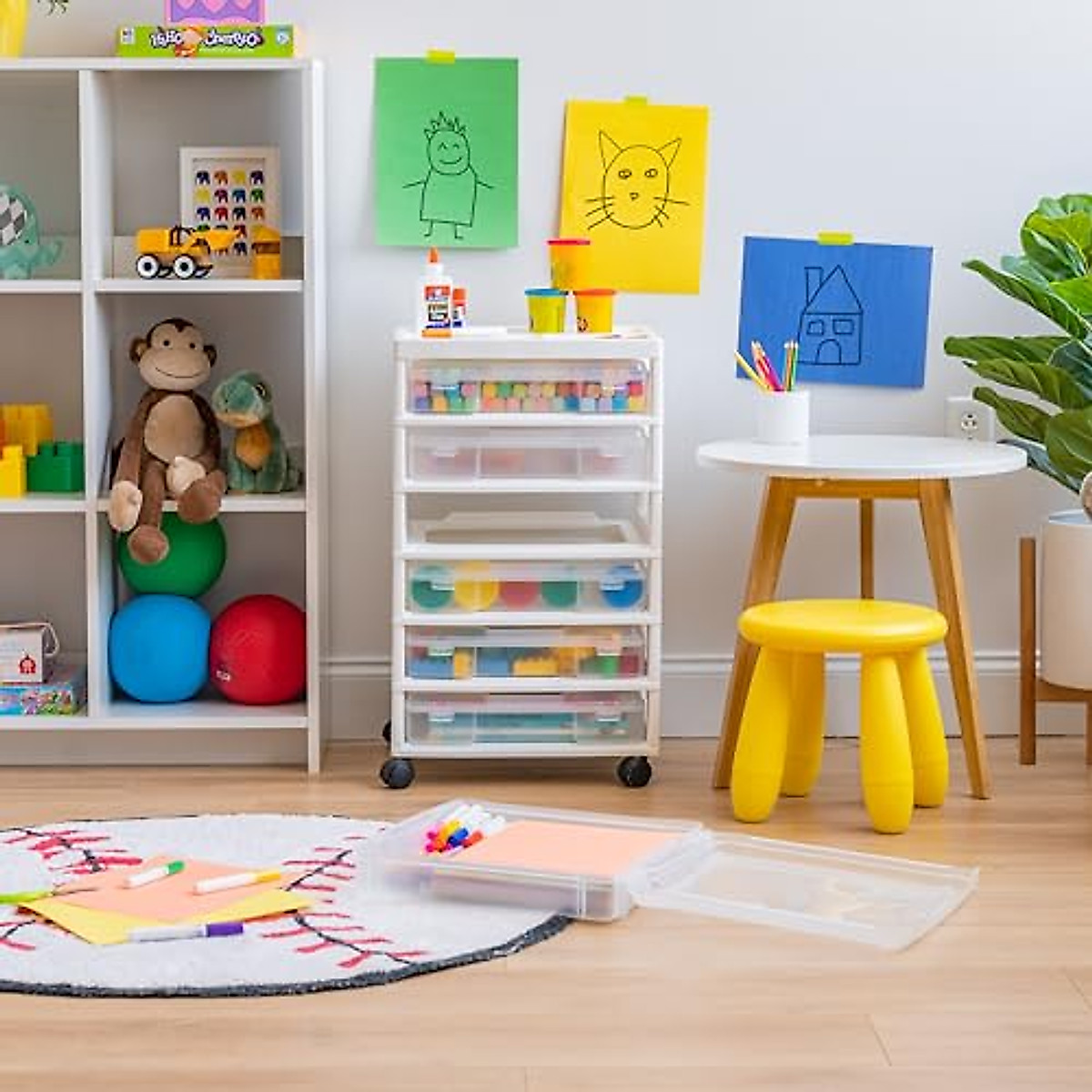 IRIS USA Fits 12" x 12" Paper, 6-Tier Scrapbook Rolling Storage Cart with Organizer Top for Papers Vinyl Tools Office Art and Craft Supplies, Yarn, White Frame with 6 Clear Cases w/ Built in Handle