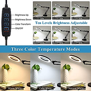 Magnifying Glass with Light, Magnifying Glass LED Desk Lamp-3 Colors Illuminated,9 Levels Dimmable,Foldable Metal Arms and Adjustable Clamp,5X Magnifying Light for Office/Work/Study (Black)