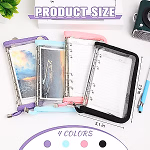 Kosiz 4 Pcs A6 Binder Cover 6 Ring Notebook Binder Clear Soft PVC Zipper Binder A6 Budget Binder Folder A6 Planner Cover Refillable Notebook Shell for Journal Photo Album, 7.9'' x 5.1'' (Multicolor)