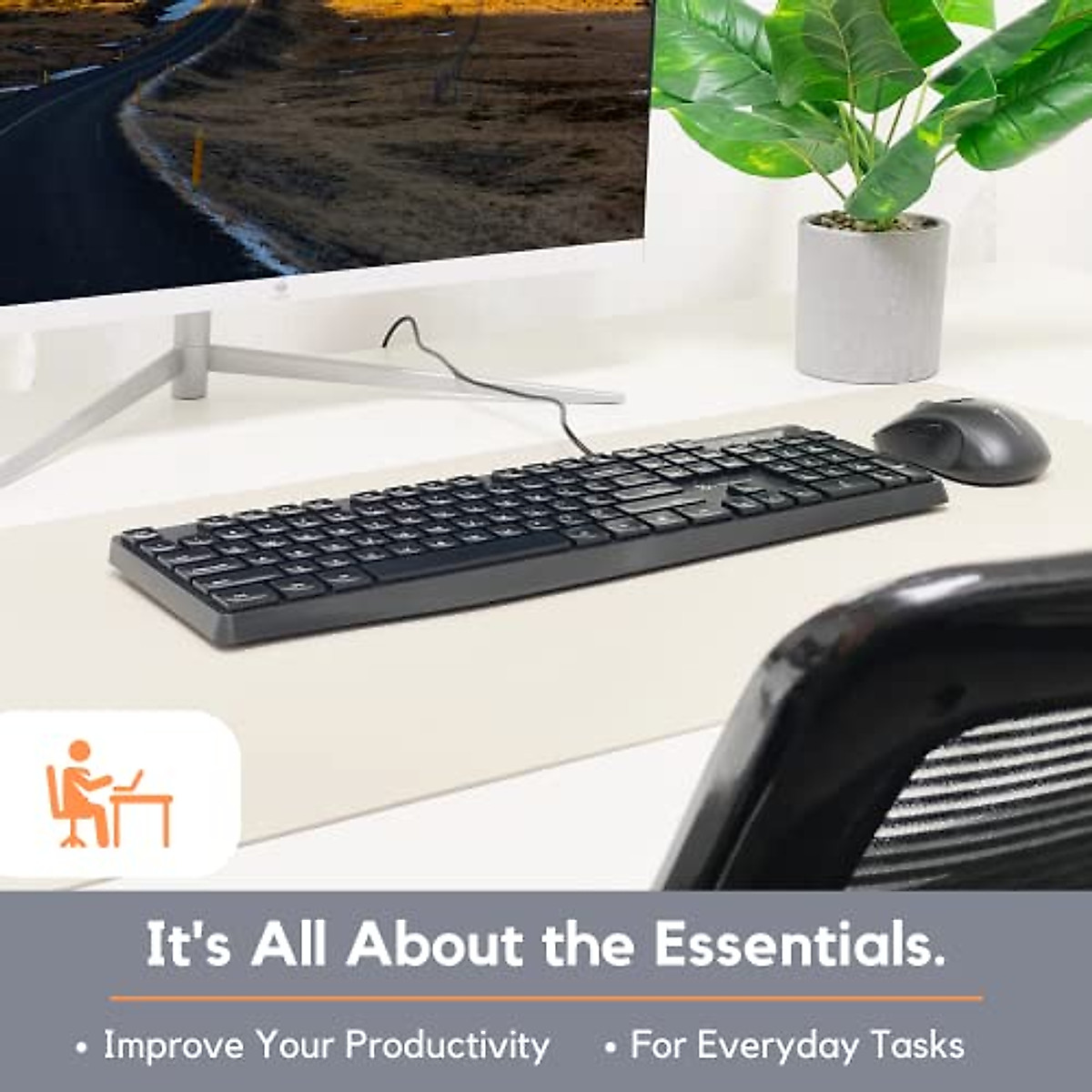 X9 Performance Ergonomic Computer Keyboard Wired - USB Keyboard for Laptop, Windows PC Desktop, Office Use with 5ft Cable Wire, 104 Quiet Keys, 14 Shortcuts, and Kickstand - Black