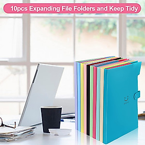10PCS Expanding File Folders,A4 Letter Size Accordion Document Organizer,Plastic 5 Pocket Accordion Folder,Expandable File Folder with Snap Closure,120 Labels in 12 Colors for School Office Supplies