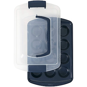 Wilton Diamond-Infused Non-Stick Navy Blue Muffin and Cupcake Pan with Cover, 12-Cup, Steel