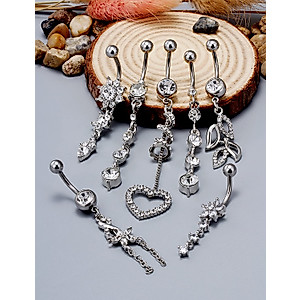 Vsnnsns Belly Button Rings, 7Pcs 14G Stainless Steel CZ Opal Long Dangle Piercing Jewelry for Women Men, Silver