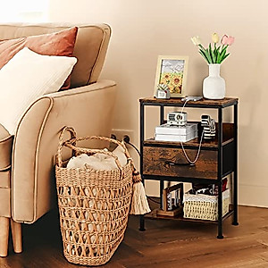 Nightstand with Charging Station Bed Side Table with Fabric Drawer 3-Tier End Table with USB Ports and Outlets Industrial Night Stand for Bedroom Living Room Vintage Brown