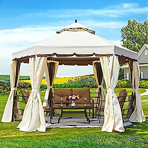 Erommy 12FT Outdoor Canopy Gazebo Hexagonal, Double Roof Patio Gazebo Steel Frame Pavilion with Netting and Shade Curtains for Garden,Patio,Party Canopy, Cream