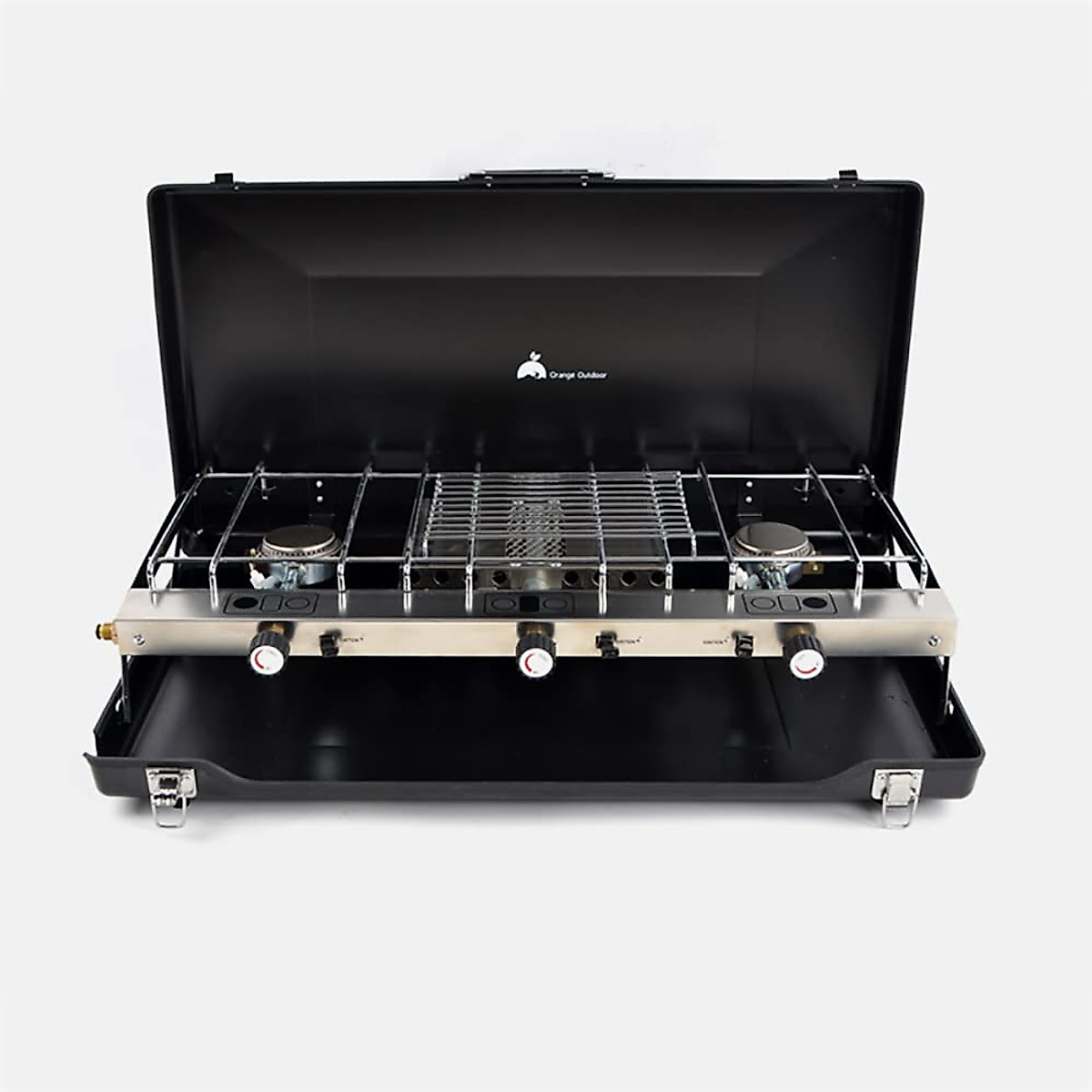 N.F. Gas Camping Stove,20400 BTU 3 Burner Propane Stove with Regulator,Portable Propane Grill for Outdoor Camping BBQ Party, black, m