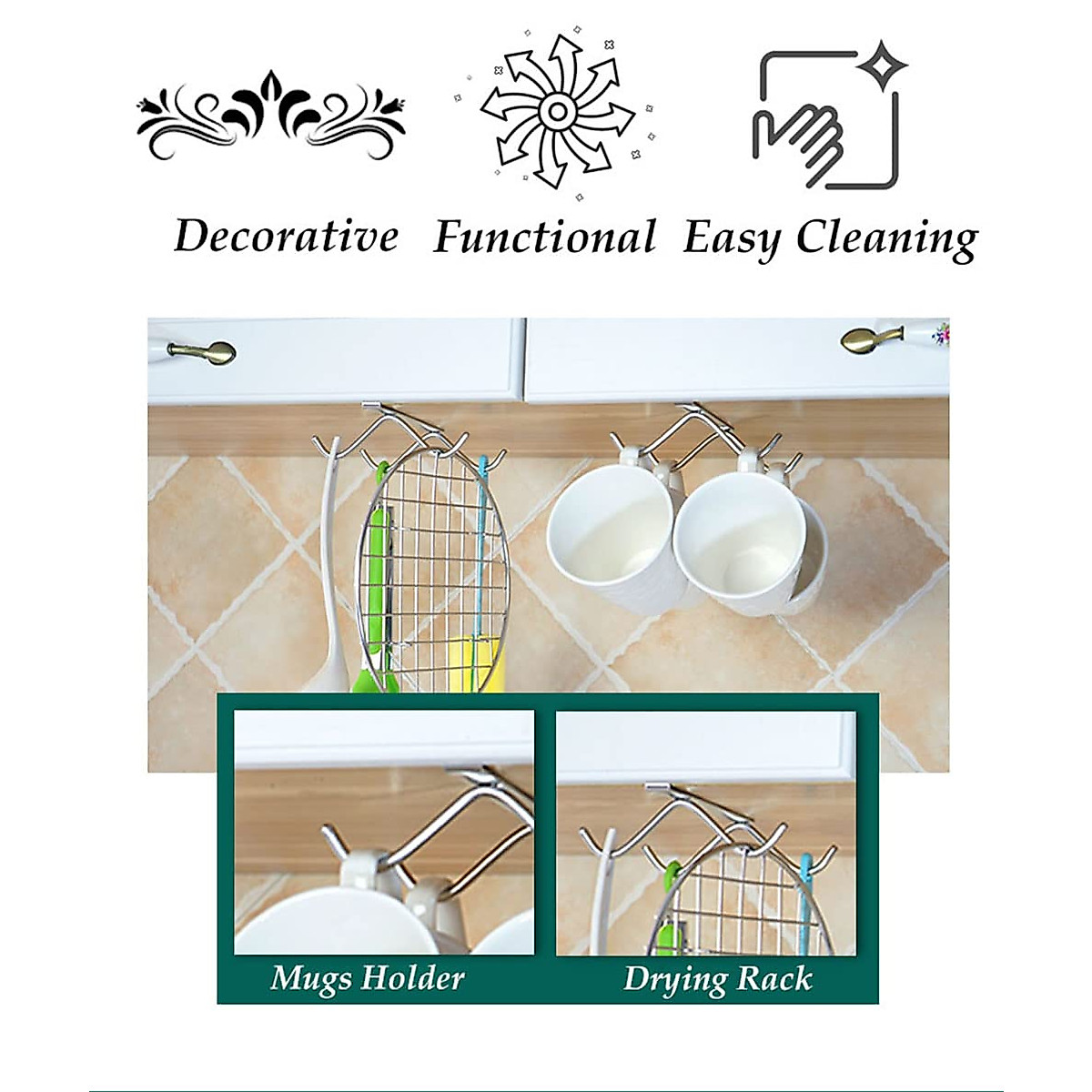 Kakuru Coffee Mug Organizer. Mug Rack Hanger, 4 Hooks Under Cabinet, 2 PCS Stainless Steel, Best Choice for Space Saving