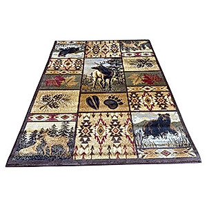 Cabin Style Distressed Antiquated Area Rug Black Bear Elk Deer Wildlife Animal Country Hunting Southwest Wilderness Design 760 (5 Feet X 7 Feet)