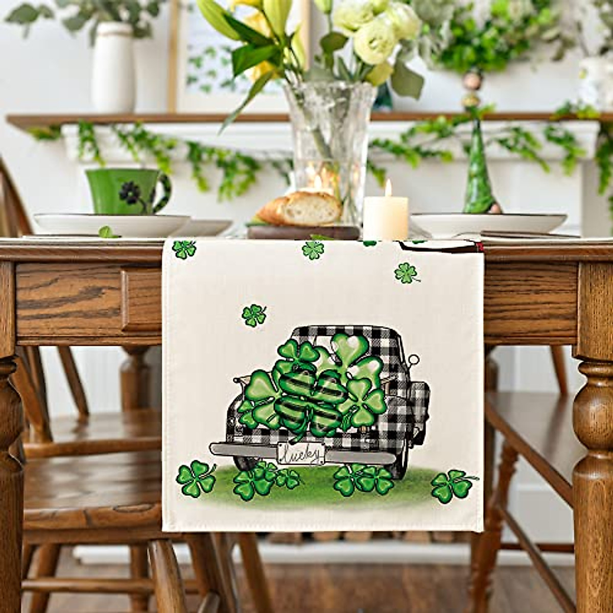 Artoid Mode Lucky Shamrock Truck St. Patrick's Day Table Runner, Seasonal Spring Holiday Kitchen Dining Table Decoration for Indoor Outdoor Home Party Decor 13 x 72 Inch