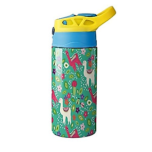 Kids Water Bottle with Straw Lid Cute Llama with Flower Cactus Ladybug Print 12 Oz/350 Ml Stainless Steel Reusable Thermos Bottles