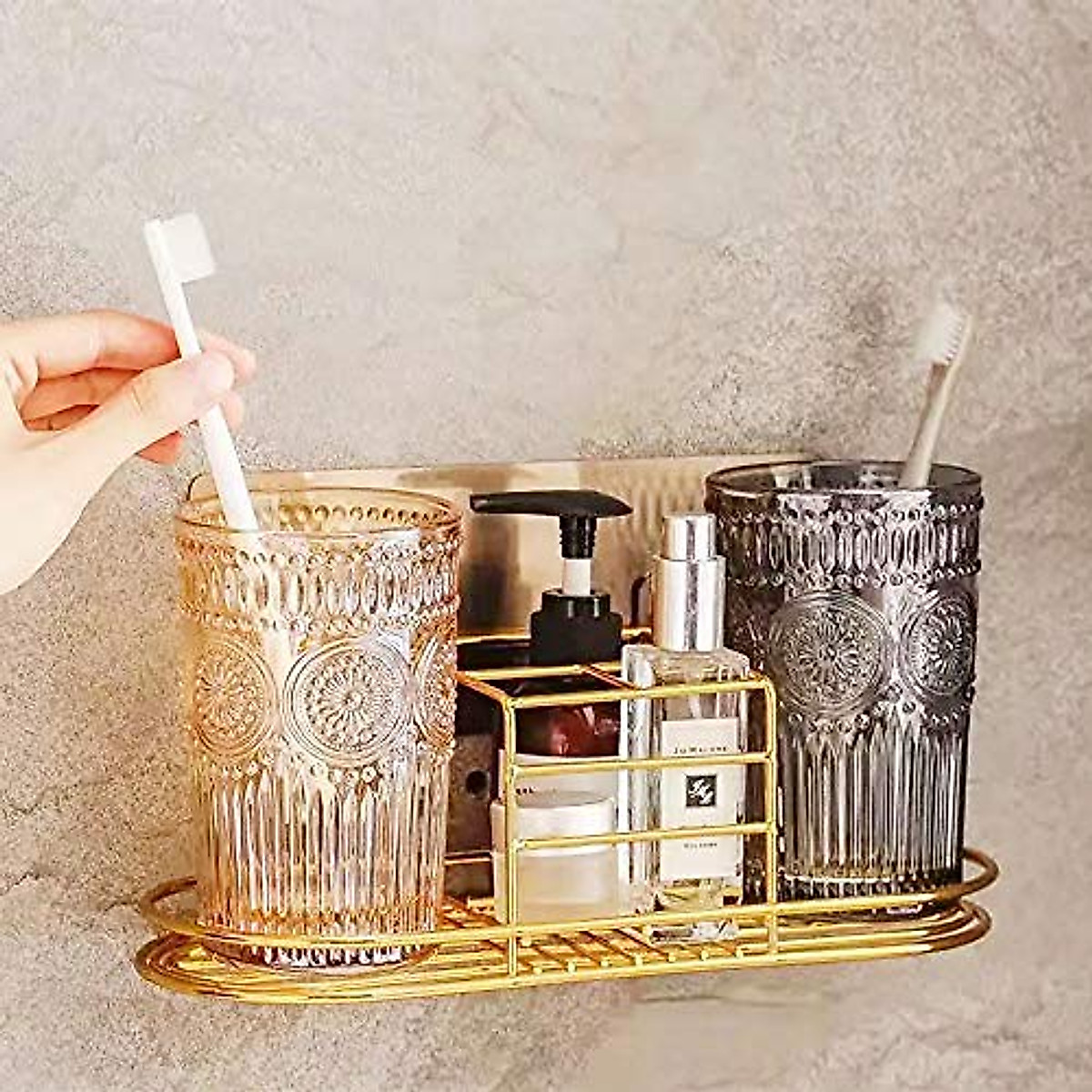 Iridescent Embossed Drinking Glass Gold Rim Water Glass Baroque Clear Crystal Unleaded Wine Milk Juice Coffee Glass,11.7oz,Makeup Brush/Pen/Pencil/Toothbrush Holder (Large)