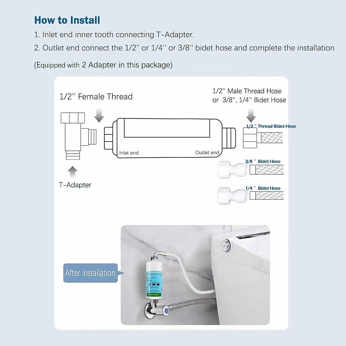 FANLIDE Bidet water filter for electronic bidet seats, Toilet water filter system, compatible with 1/2" 1/4" 3/8" Bidet hose (2 Filters + 2 Adapter)