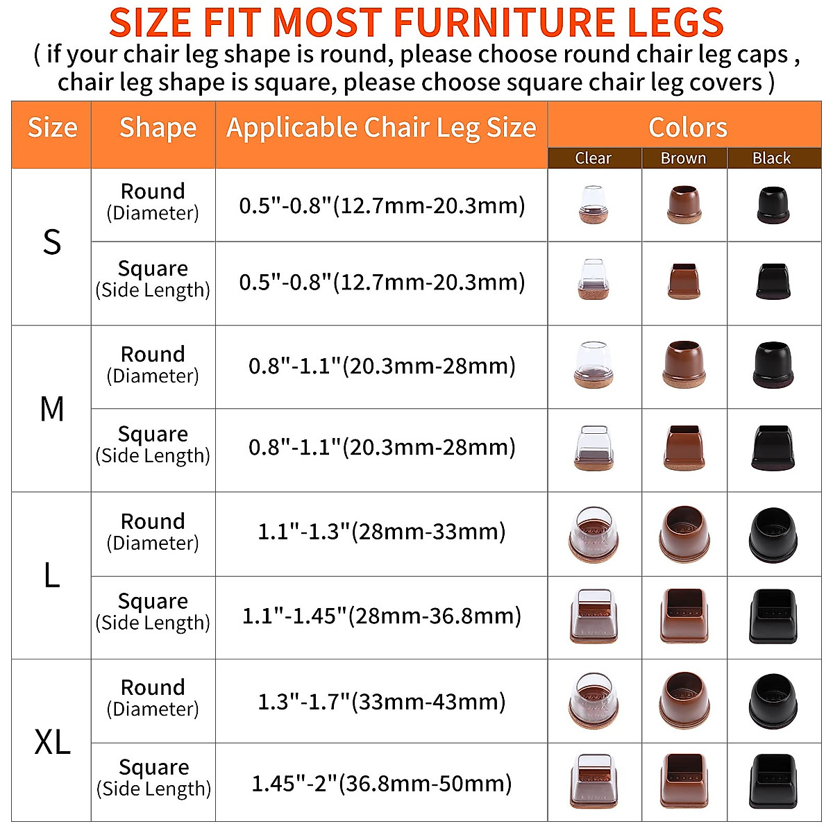 Ezprotekt 24 Pcs Square Chair Leg Floor Protectors with Felt, Silicone Felt Furniture Pads for Hardwood Floor, Dining Table Leg Caps Covers No Scratches and Noise (L Fit: 1-1/10" to 1-3/10", Black)