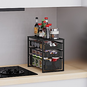 Simple Trending 3-Tier Under Sink Cabinet Organizer with Sliding Storage Drawer, Desktop Organizer for Kitchen Bathroom Office, Stackbale, Black