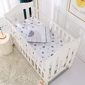 VIVILINEN Grey Elephants Baby Crib Bedding Set for Boys Girls 3 Pieces Animals Infant Nursery Baby Crib Comforter Set with Crib Bed Quilt Fitted Sheet Skirt Set for Standard Size Crib