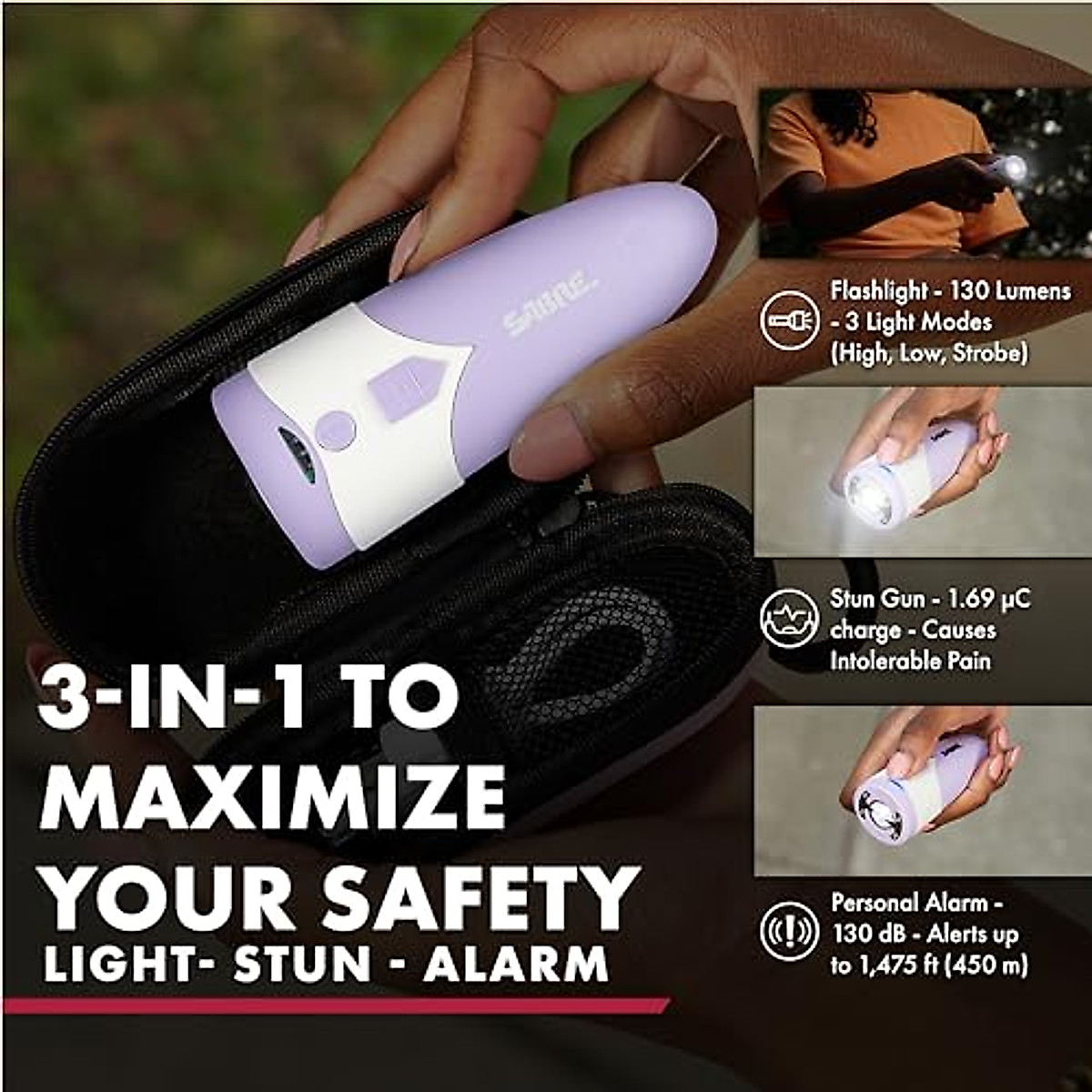 SABRE 3-in-1 Stun Gun with Personal Alarm & LED Flashlight, 1.69 µC Charge, Loud 130dB Alarm, 130 Lumen LED Light (3 Modes), Rechargeable Battery, Compact-Ergonomic Design, Travel Case & Charging Cord